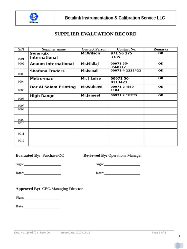 BICS-QP11-001 Supplier Evaluation Record | PDF