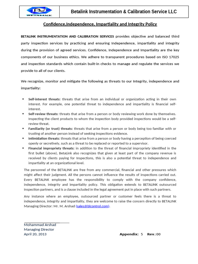 Independance, Integrity and Impartiality Statement | PDF | Policy ...