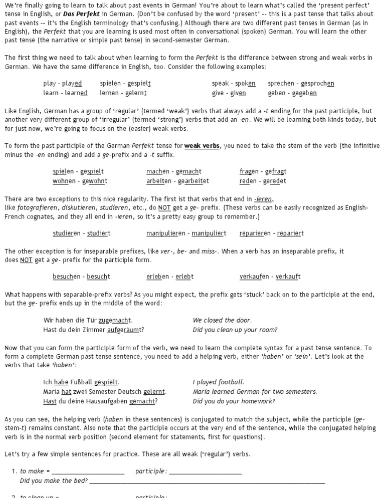 German Present Perfect Tense Guide | PDF | Perfect (Grammar ...