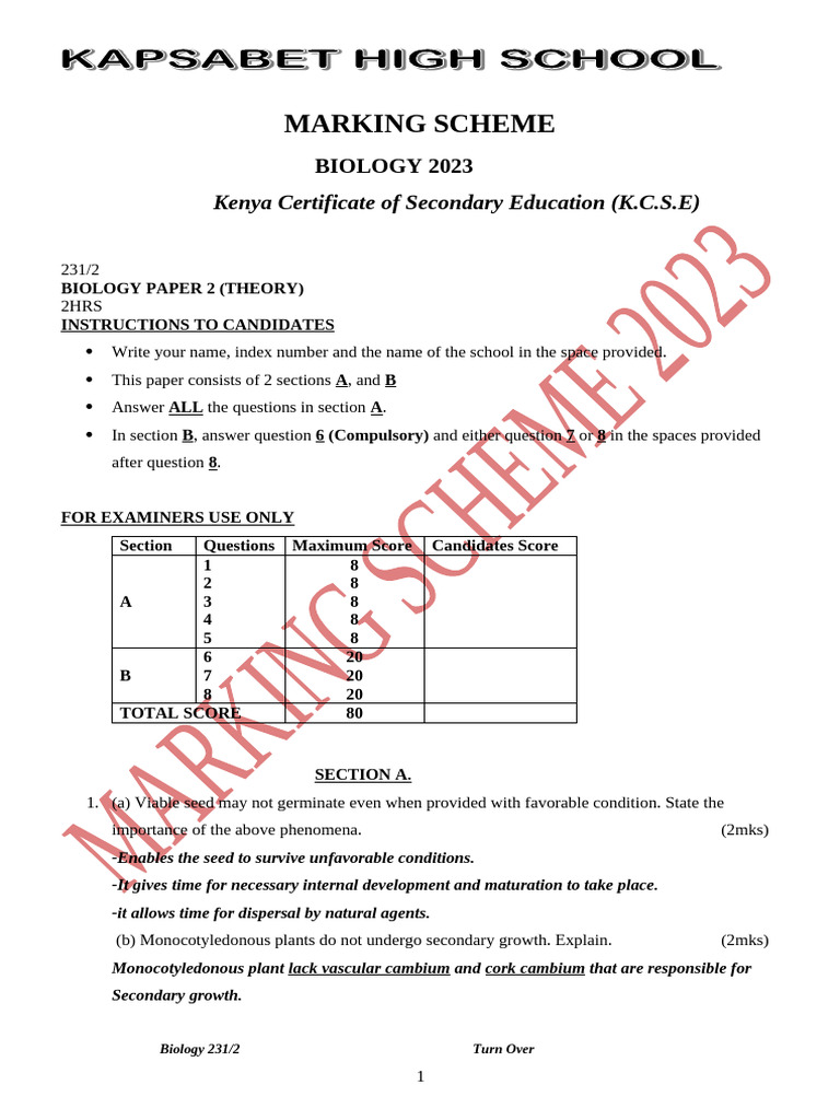 K.C.S.E Biology Paper 2 Marking Scheme | PDF | Stoma | Leaf