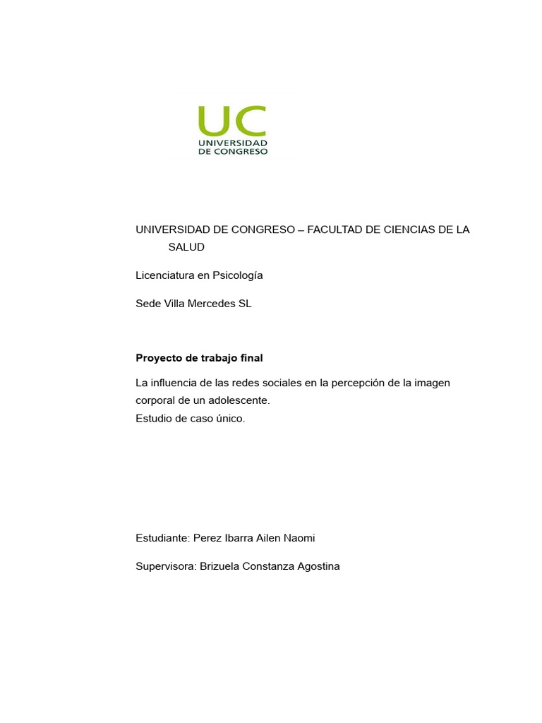 Proyecto trabajo final - Perez Ibarra Ailen .docx | PDF | Desorden alimenticio | Autoestima