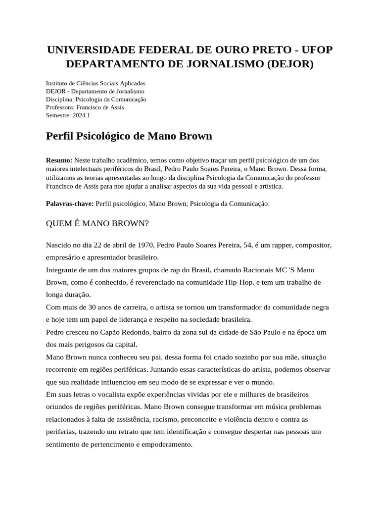Perfil Psicológico de Mano Brown | PDF | Psicologia | Sigmund Freud
