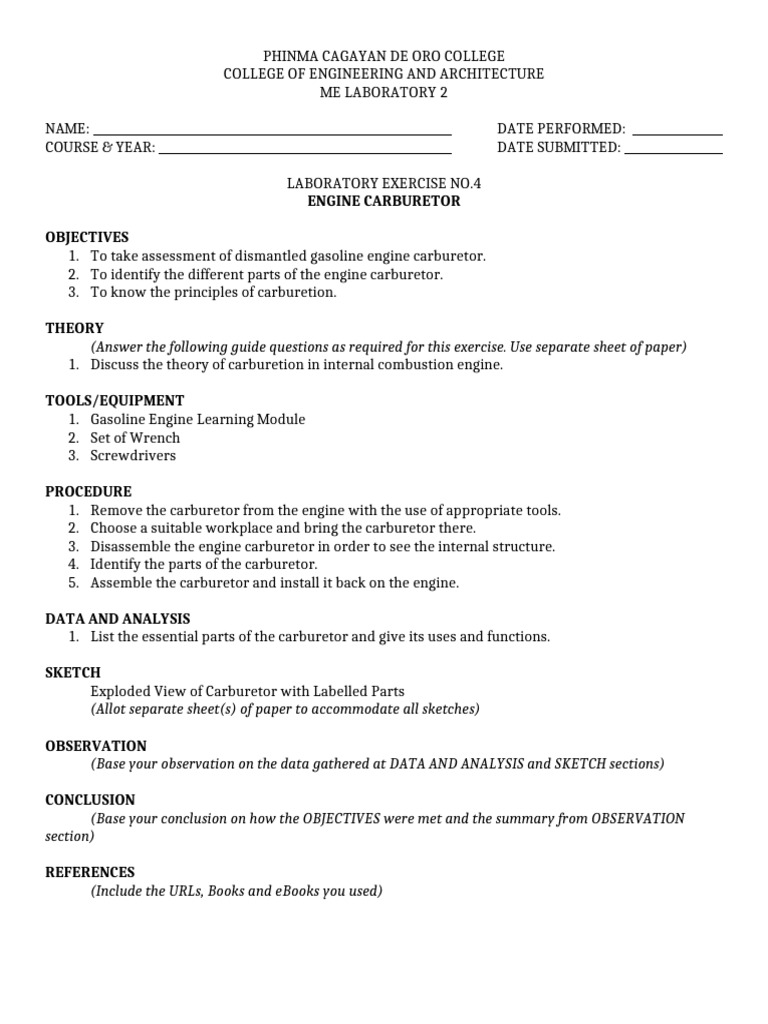 Engine Carburetor Laboratory Exercise | PDF