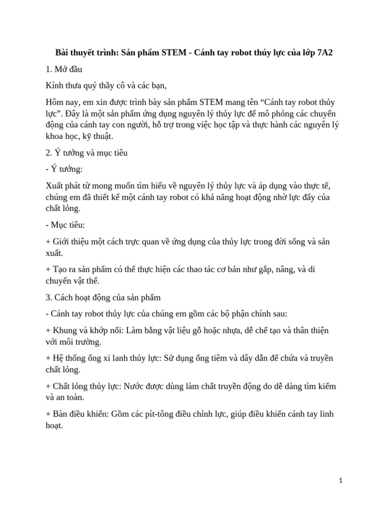 Bài thuyết trình sản phẩm STEM Cánh tay robot thủy lực lớp 7A2 NH-2024-2025 | PDF