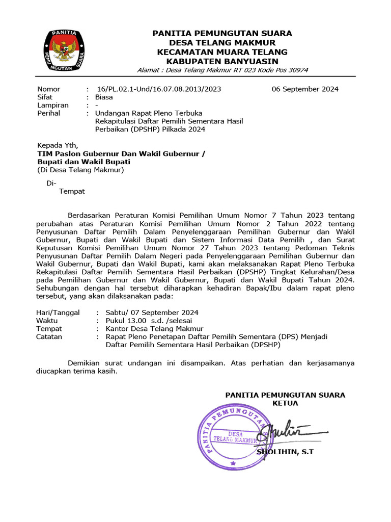 Undangan Rapat Pleno DPSHP Pilkada 2024 | PDF