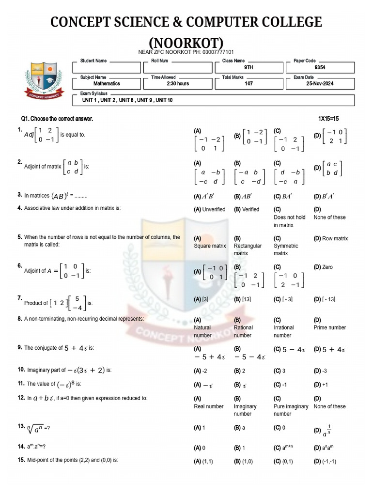 9th Math Progressive - PTS | PDF | Matrix (Mathematics) | Mathematical ...