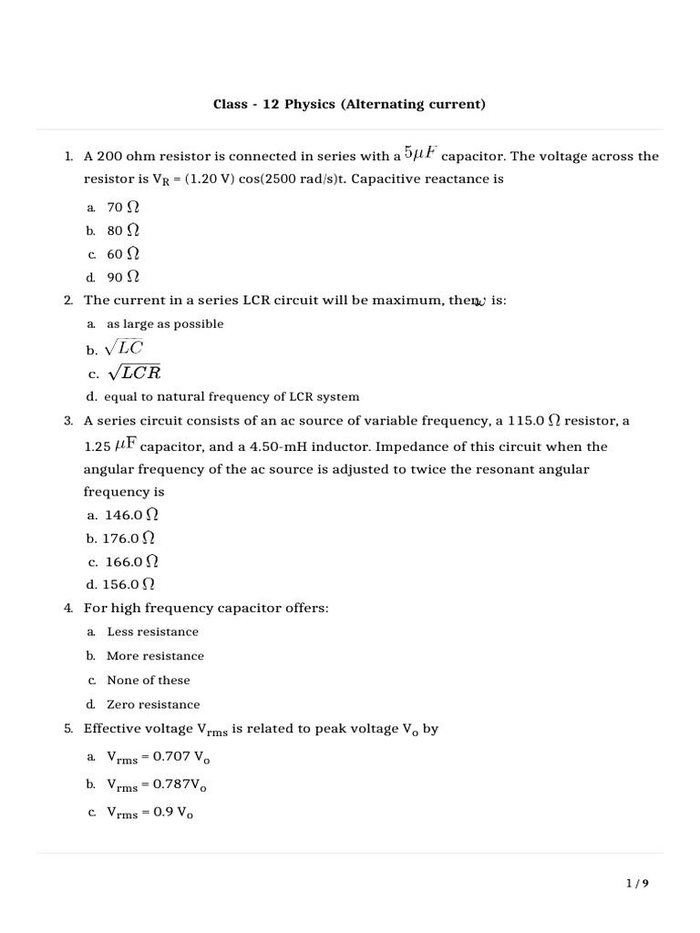 Alternating Current - Worksheet | PDF | Electrical Impedance | Capacitor