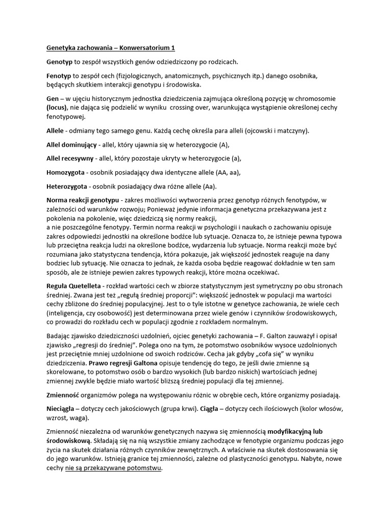 Genetyka Zachowania - Notatki Na Kolokwium | PDF