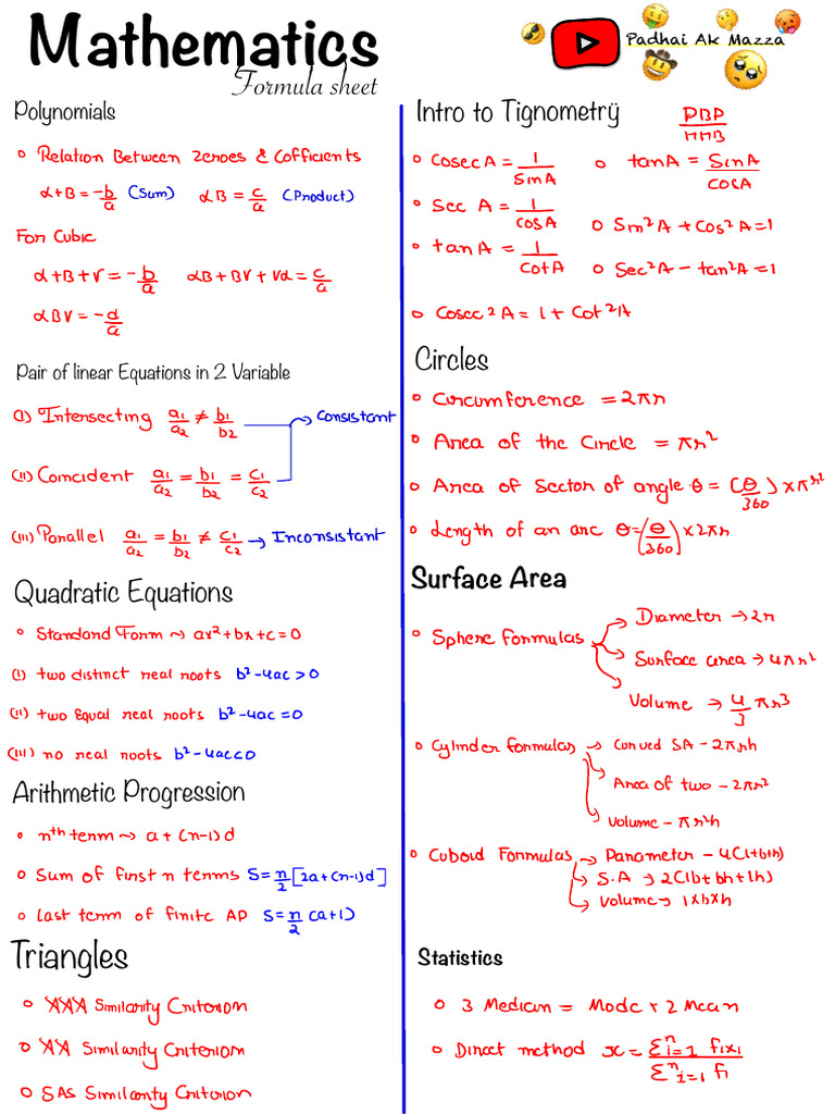 Maths Class 10 Formula Sheet Padhai Ak Mazza 2023 | PDF | Area | Sphere