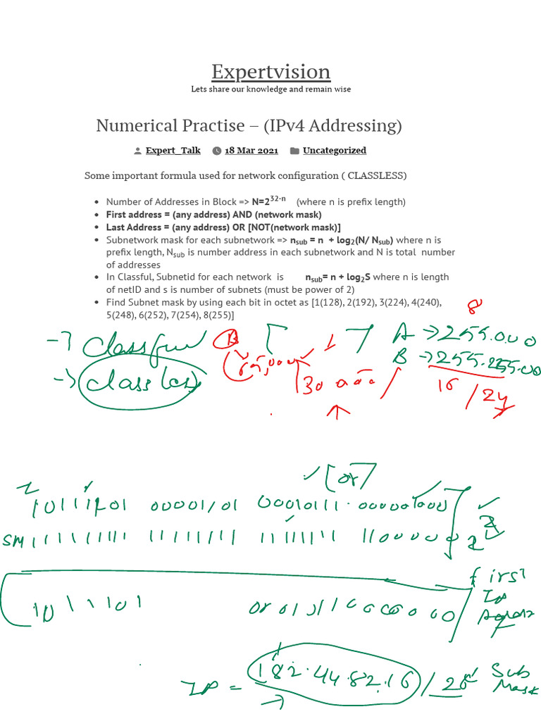 Numerical Practise IPv4 Addressing Expertvision PDF Internet