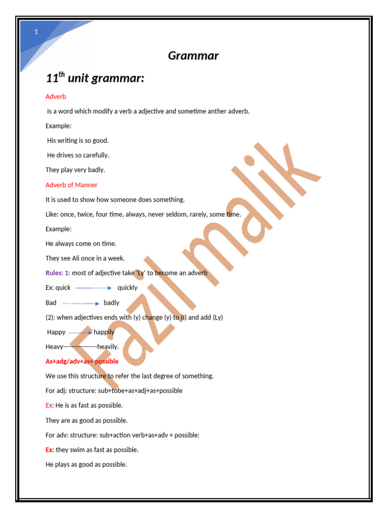 Grammar 11 Unit Grammar:: Adverb | PDF