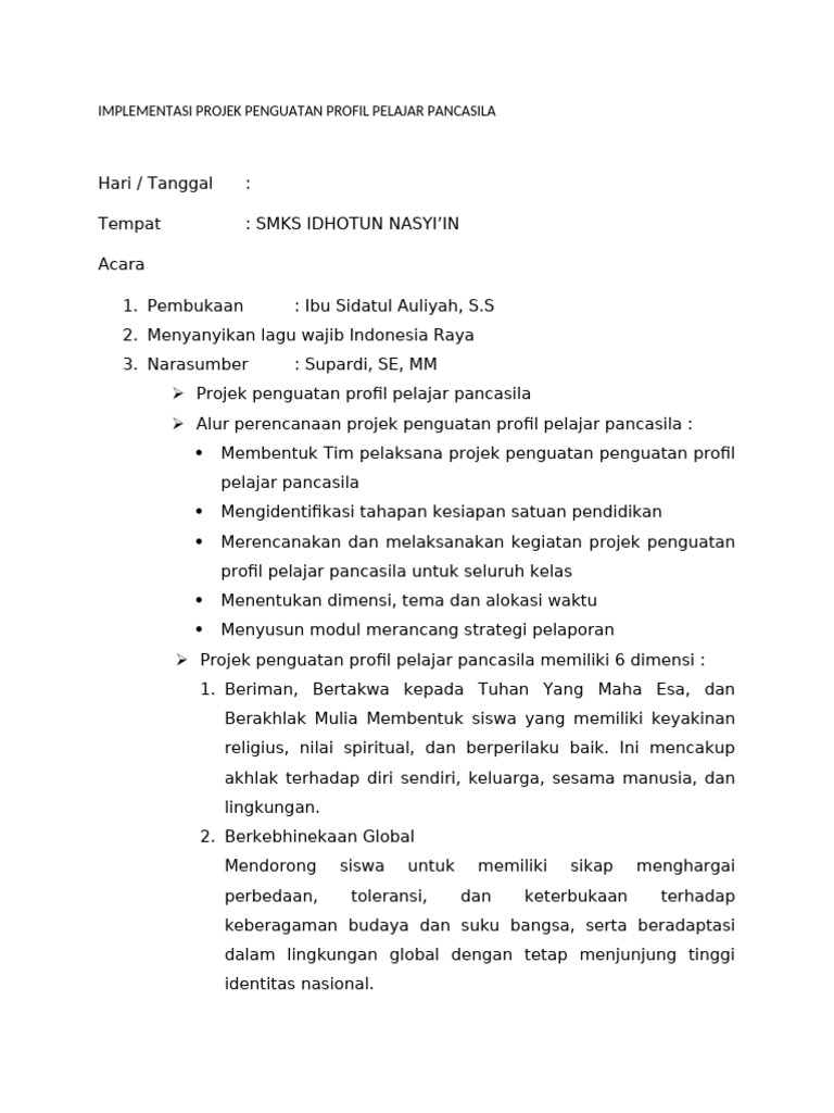 Notula IMPLEMENTASI PROJEK PENGUATAN PROFIL PELAJAR PANCASILA | PDF