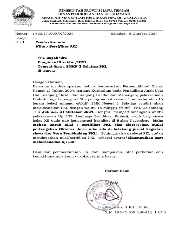 Pemberitahuan Nilai Sertifikat PKLuntuk Syarat LSP 2024 (Dengan Lampiran Form) | PDF