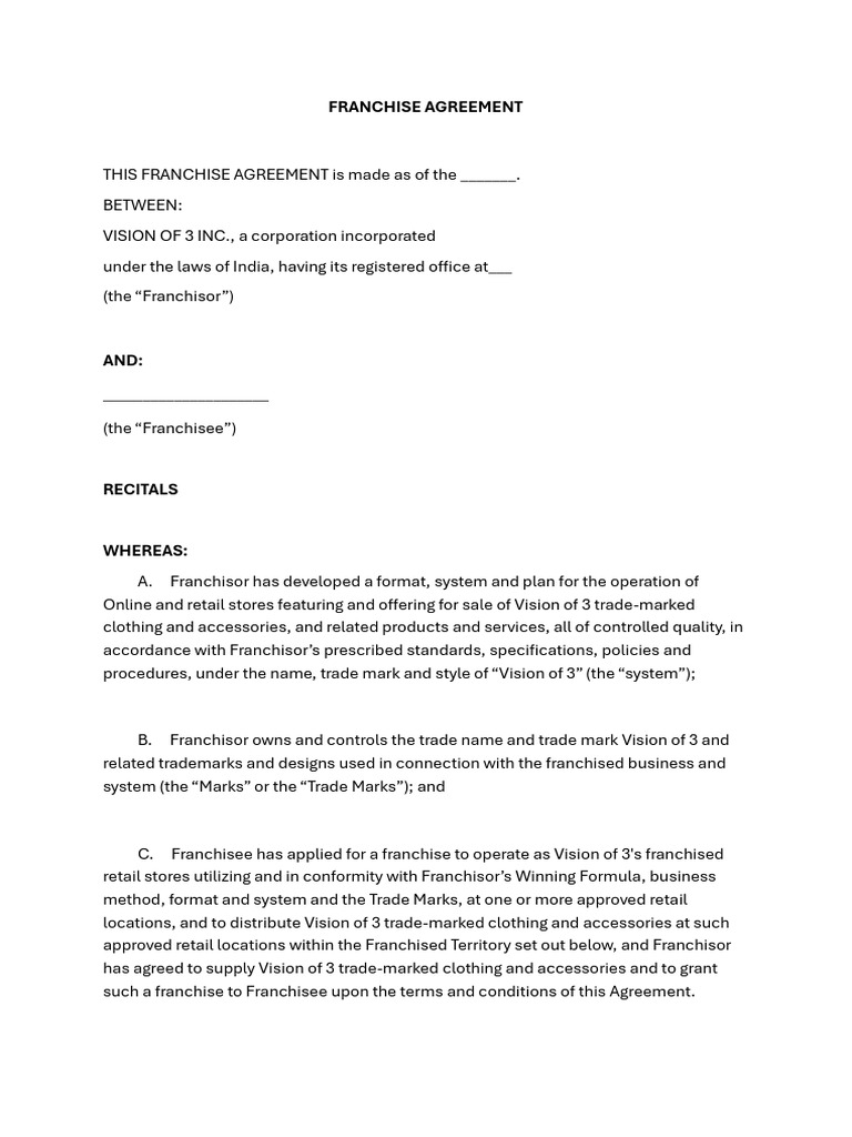 Vision of 3 Franchise Agreement | PDF | Franchising | License