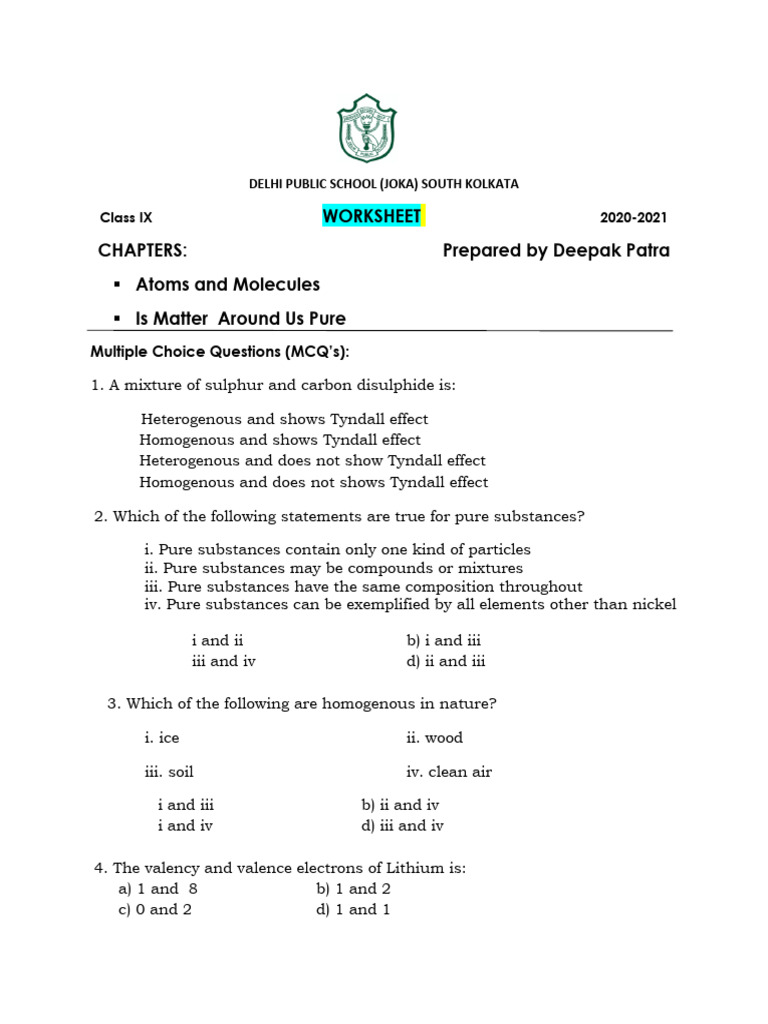 Class IX Chemistry MCQs Worksheet | PDF | Chemical Substances ...