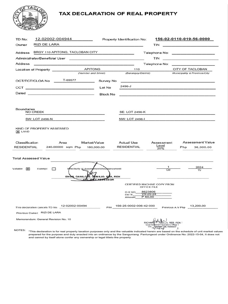 Tacloban City Residential Property Tax Document | PDF