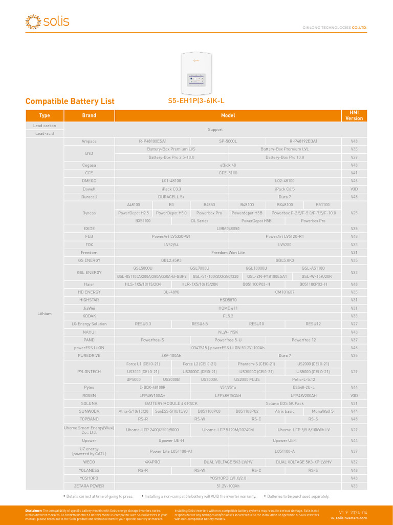 Solis Leaflet Battery Matching S5-EH1P (3-6) K-L V1,9 2024 04 | PDF | Energy Technology ...