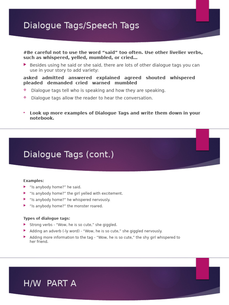 Dialogue Tags - NOTES AND HOMEWORK | PDF