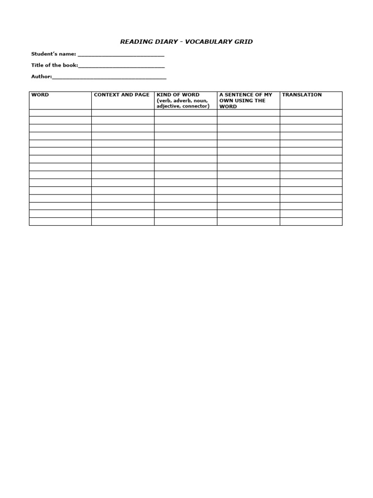 Vocabulary Grid Reading Diary | PDF