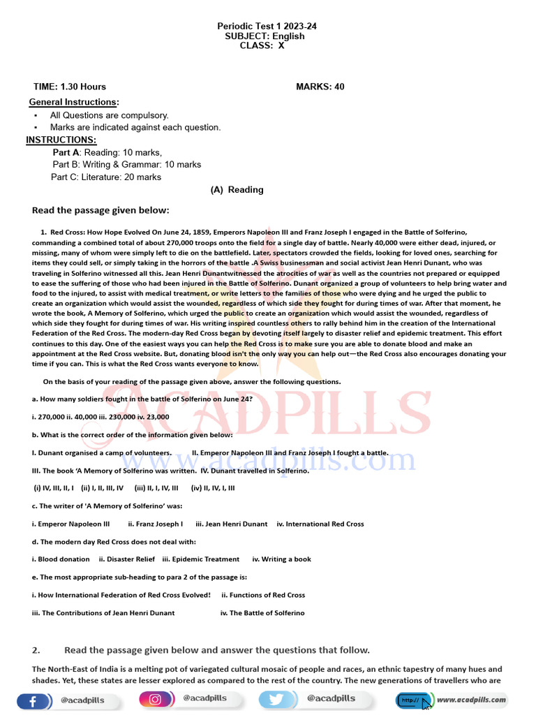 X English Periodic Test-1 2023-24 Paper | PDF | International Red Cross ...