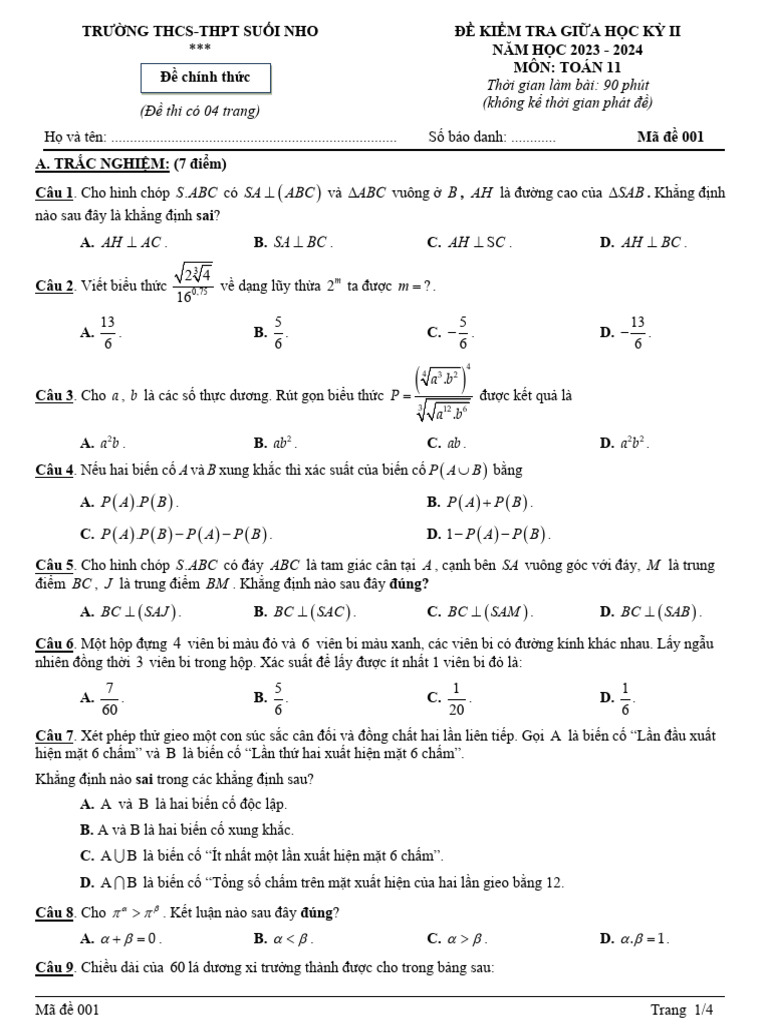 De Giua Ky 2 Toan 11 Nam 2023 2024 Truong Thcs Thpt Suoi Nho Dong Nai | PDF
