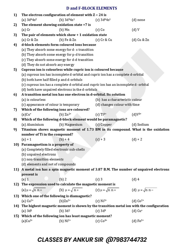 Chemistry MCQ 12 - D F Block | PDF | Transition Metals | Coordination ...