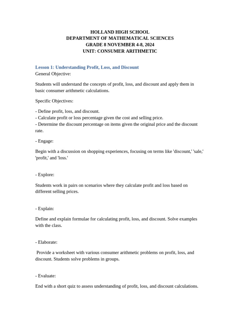 Consumer Arithmetic Lesson Plans Form 2 | PDF | Interest | Prices