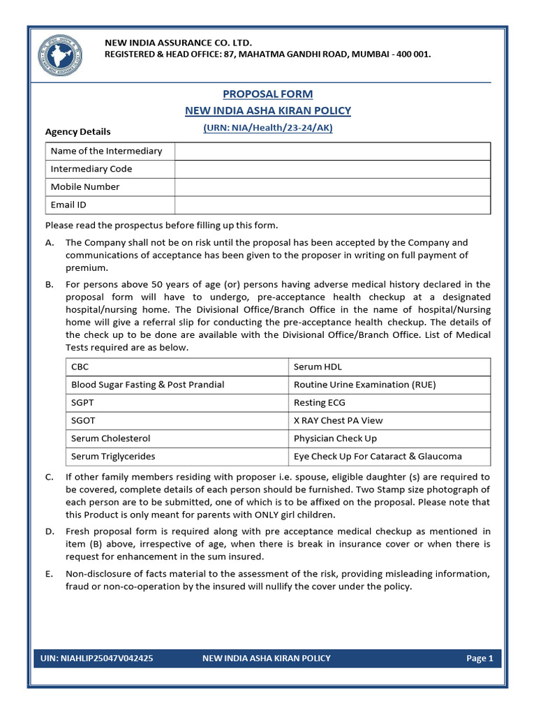 Proposal Form New India Asha Kiran Policy-Revision WEF 01 Oct 2024 | PDF | Insurance | Banks