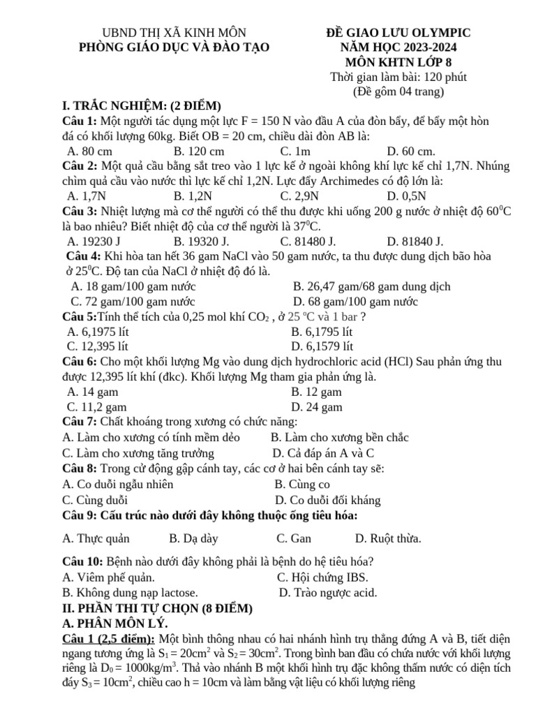 ĐỀ 2 ÔLYMPIC KHTN8 | PDF