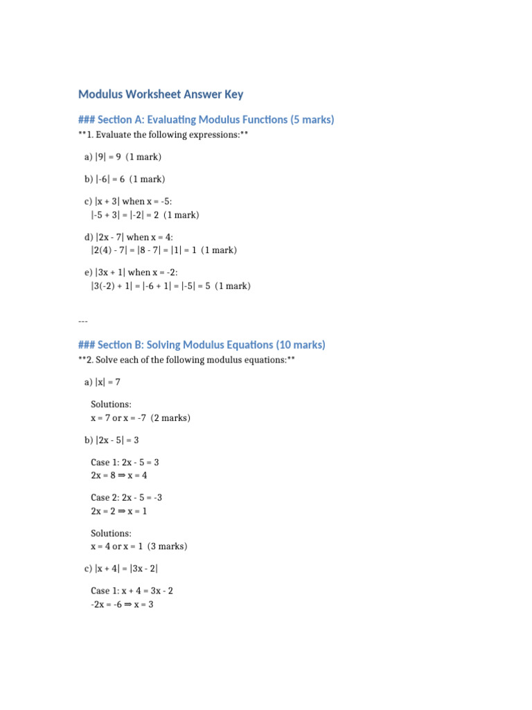 Modulus Worksheet Answer Key | PDF