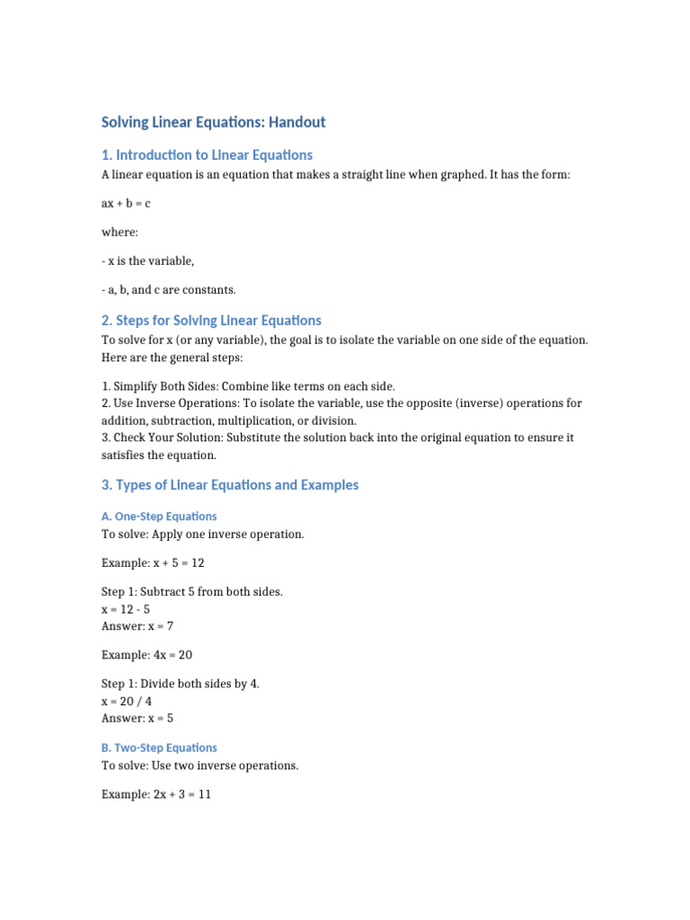 Solving Linear Equations Handout Form 2 CSEC | PDF