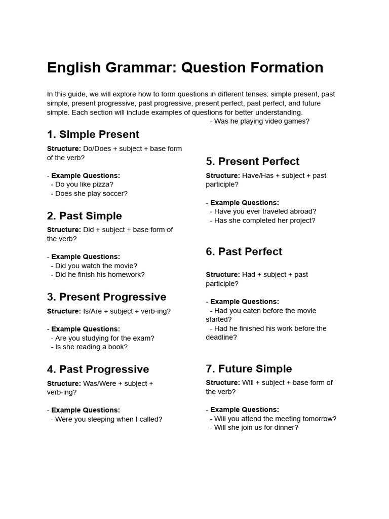 English Grammar - Question Formation | PDF | Perfect (Grammar) | Languages