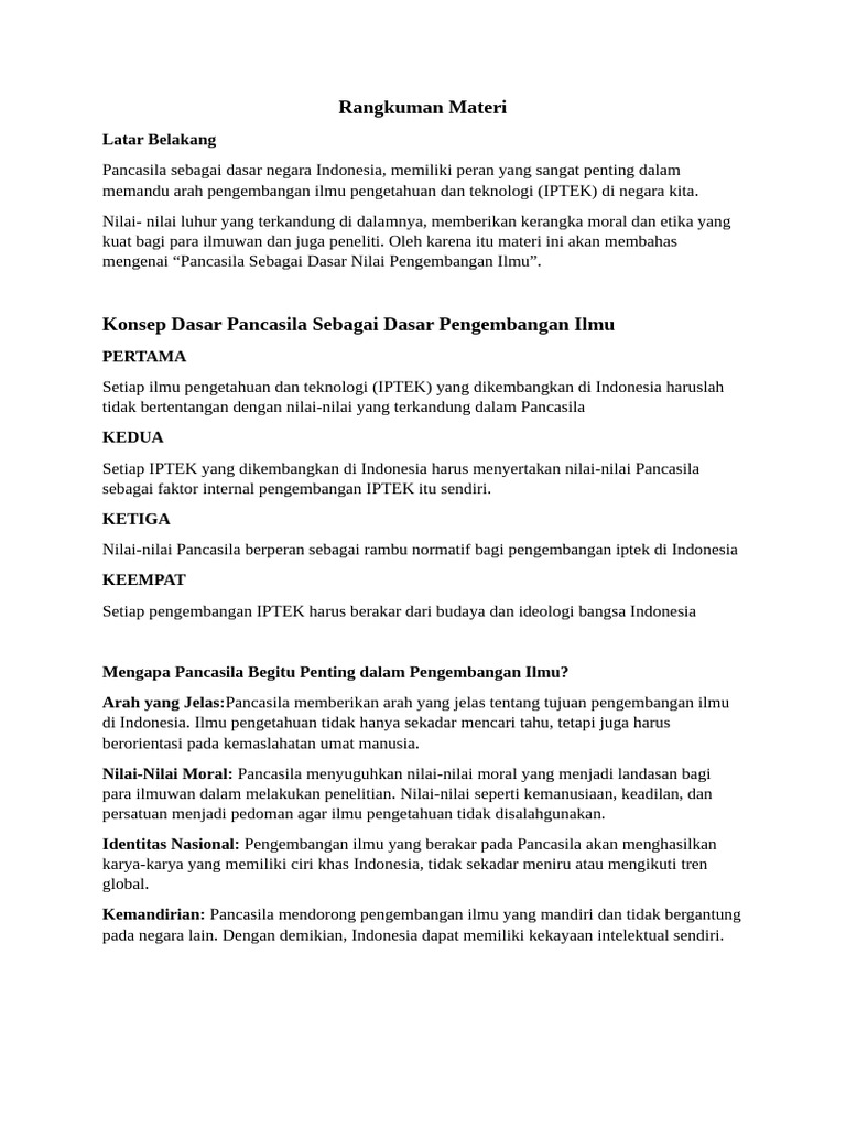 Rangkuman Materi PPKN Pancasila Sebagai Dasar Pengembangan Ilmu | PDF