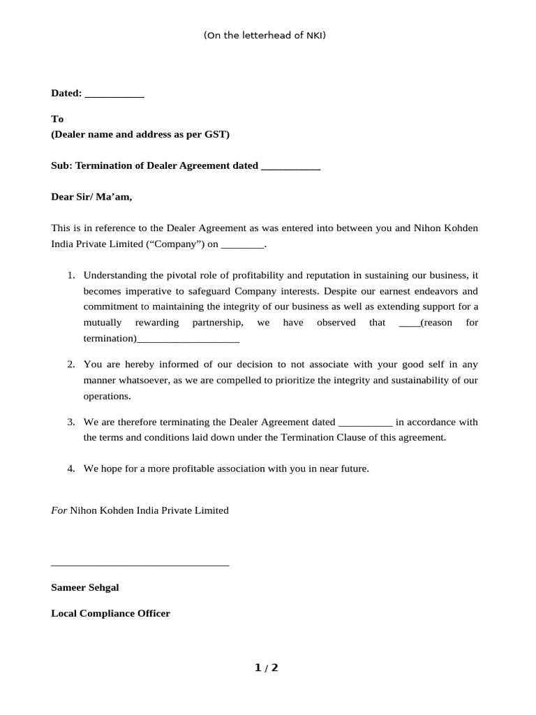 Dealer Agreement Termination Notice | PDF