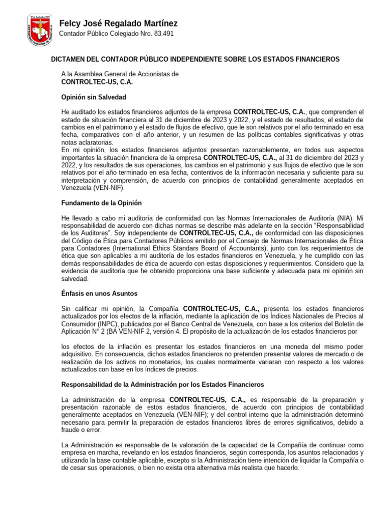 Auditoría Financiera CONTROLTEC-US 2023 | PDF | Auditoría | Estado financiero