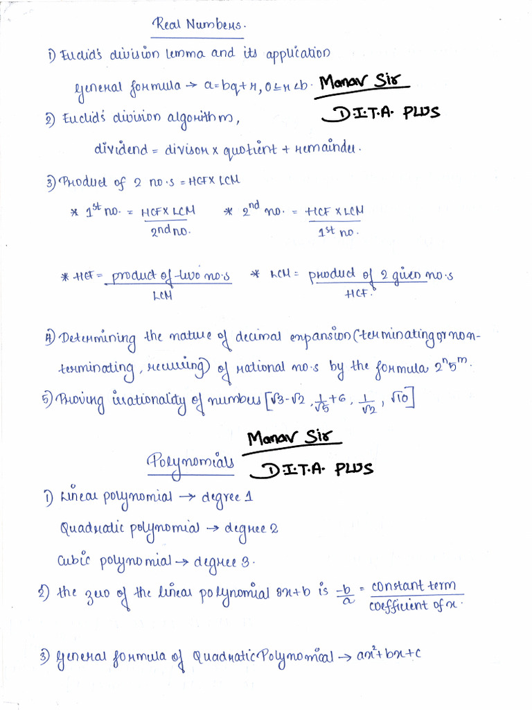 Formula Sheet Class 10 | PDF