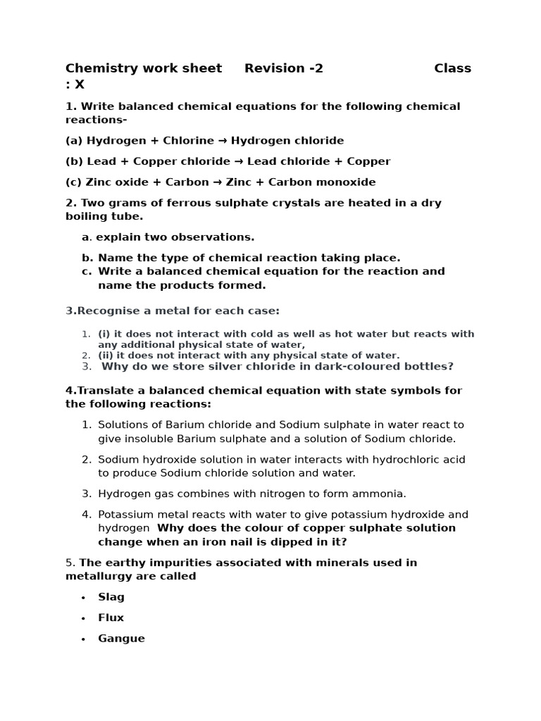 Chemistry Work Sheet Revision 2 Class 10 | PDF