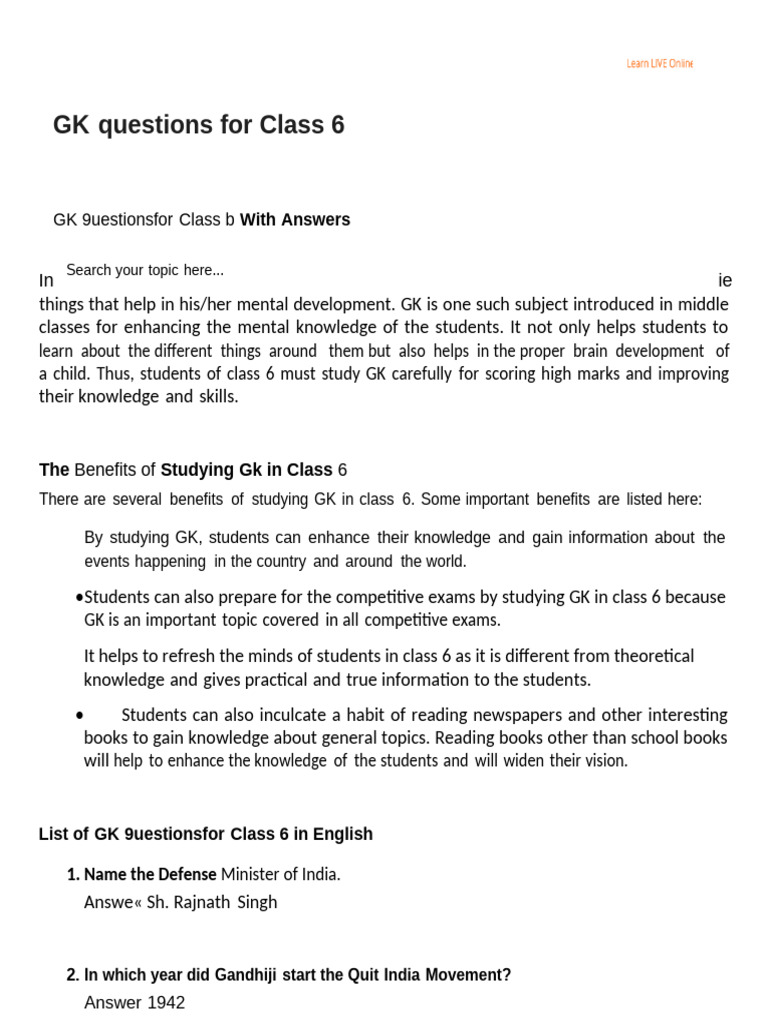 GK Questions For Class 6 | PDF | Knowledge