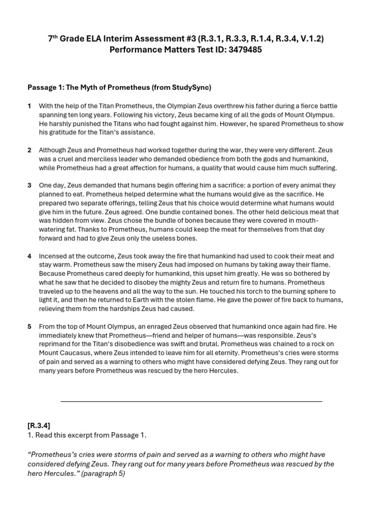 7th Grade ELA Interim Assessment 3 | PDF | Prometheus | Zeus
