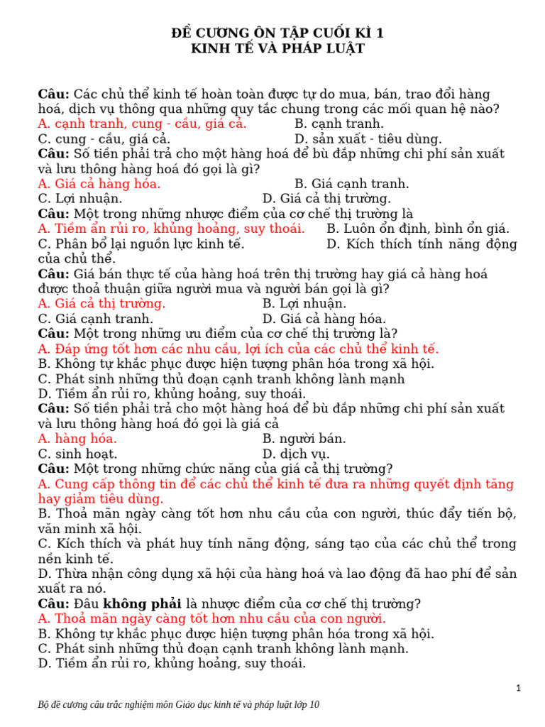 ĐỀ CƯƠNG HKI GDKT&PL | PDF