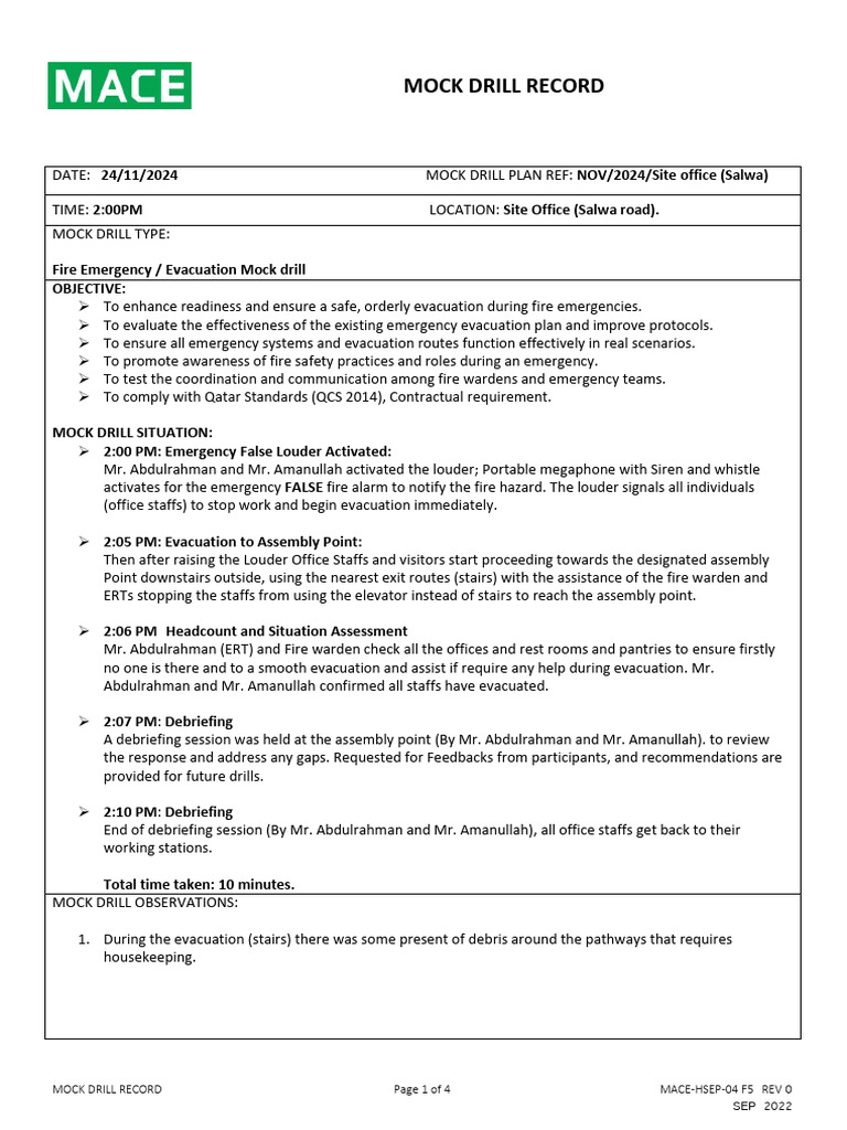 MACE KEO Drill Report | PDF | Emergency Evacuation | Fire Safety