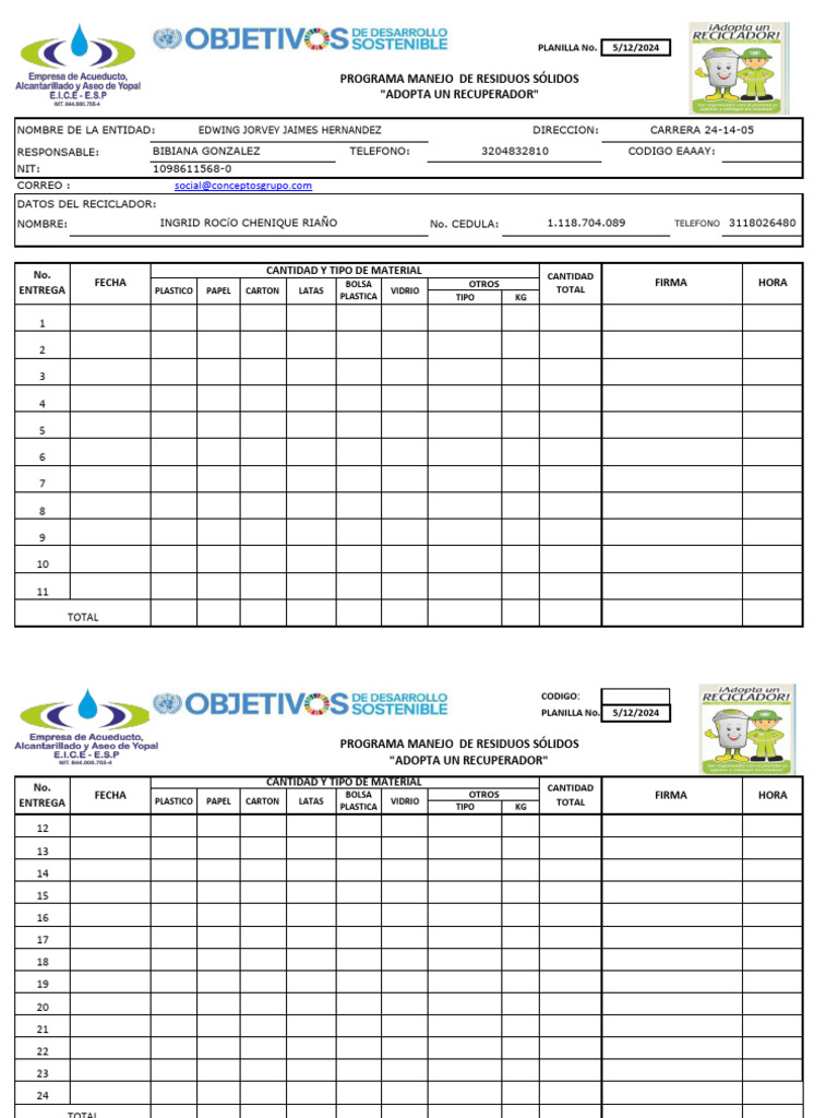 Planilla Control Residuos Edwing Jaimes 2024 | PDF | Materiales | Residuos