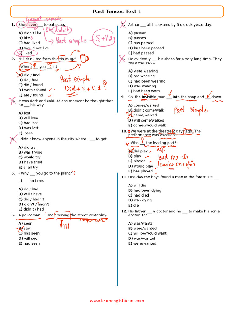 Past Tenses Test 1 - Learnenglishteam - Com | PDF