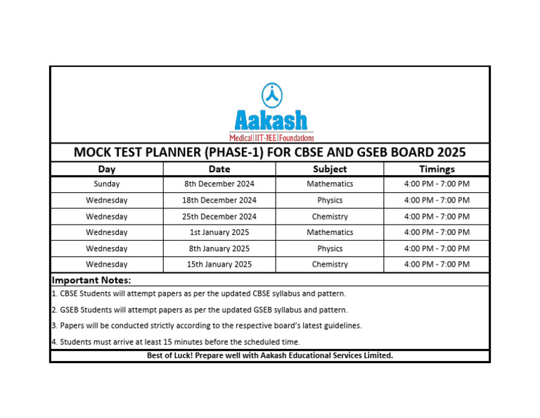 Mock Test Schedule 2024-2025 | PDF