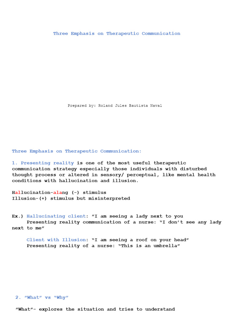 Three Emphasis On Therapeutic Communication Midterm | PDF