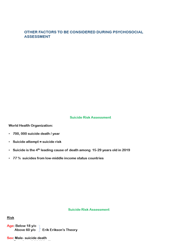 Other Factors Psychosocial Assessment Midterm | PDF | Suicide ...