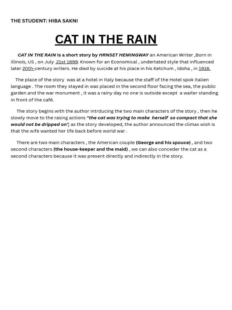 Hemingway's "Cat in the Rain" Analysis | PDF