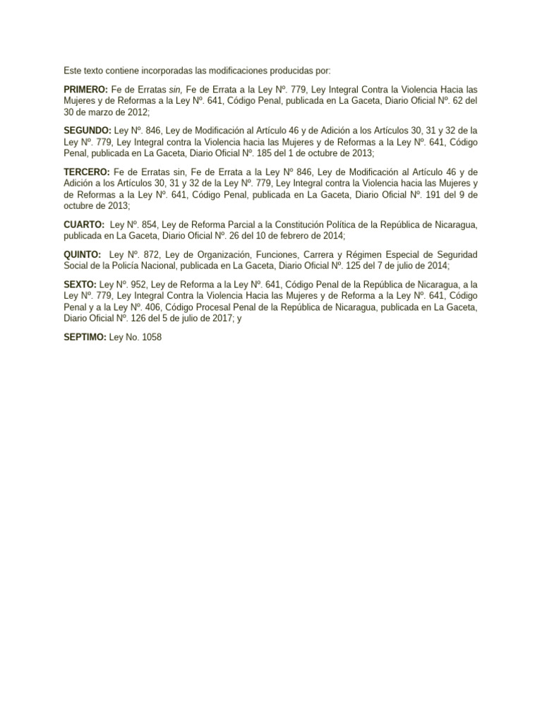 Reformas a la Ley 779 de Nicaragua | PDF