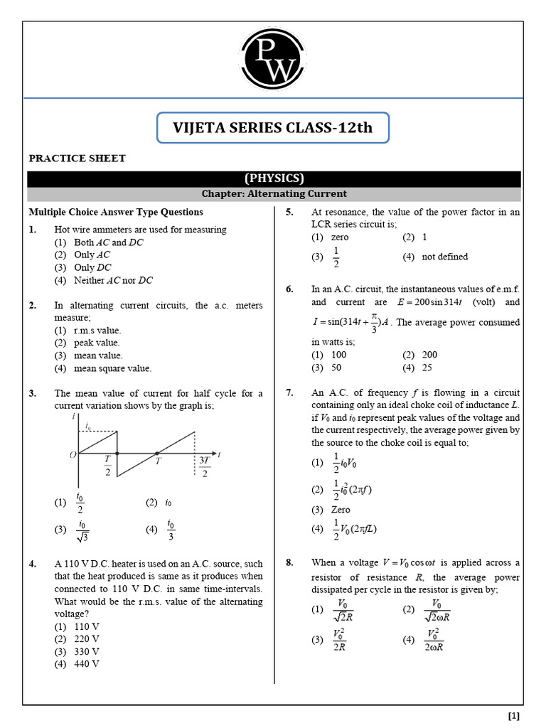 Alternating Current - Practice Sheet - VIJETA SERIES CLASS-12TH | PDF | Capacitor | Inductor