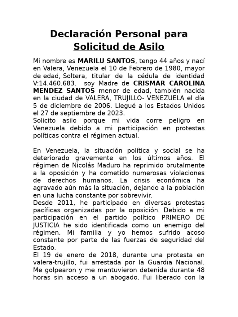 Declaración Personal para Solicitud de Asilo Marilu | PDF | Venezuela | Política de venezuela